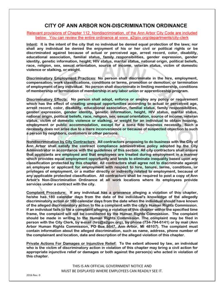 Michigan Ann Arbor Non-Discrimination Poster – RUN Labor Law Posters